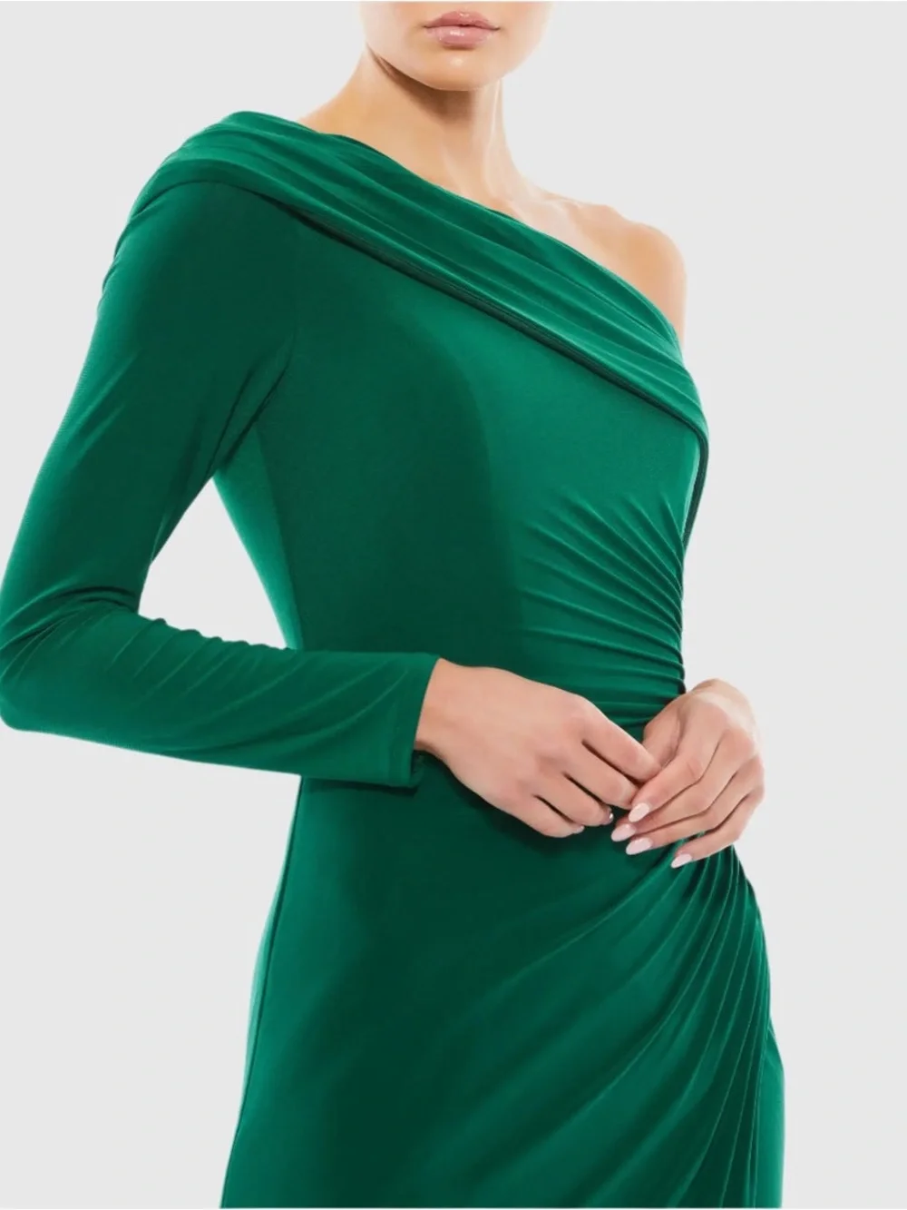 Mac Duggal | Dresses | Mac Duggal Green Ruched Jersey Drop Shoulder ...